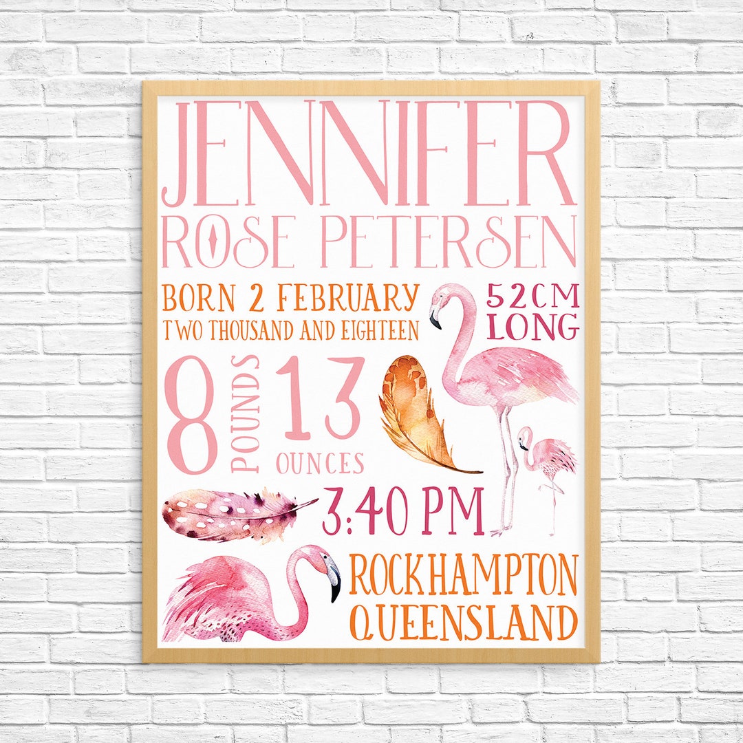Birth Notice Birth Details Poster Digital/printable Flamingo Tropical ...