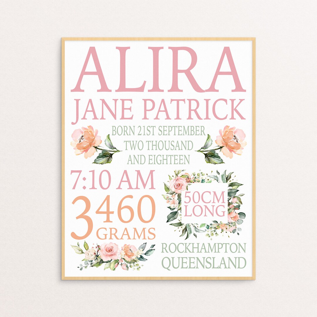 Birth Notice Birth Details Poster Digital/printable Girl Blush Pink ...