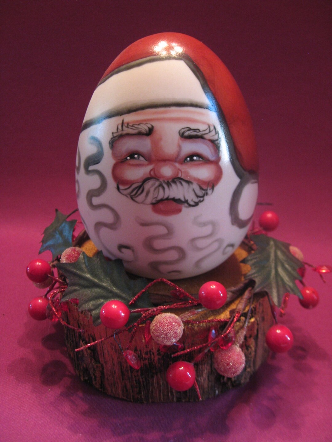 Hand Painted Christmas Santa Egg on Log - Allyson Nagel - A.N. Original ...