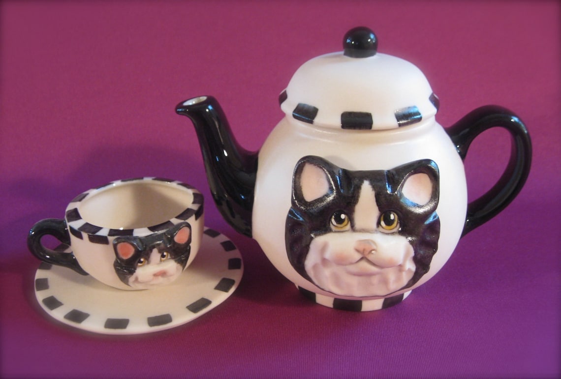 Kit-t-pot Tea Set Kitty Cat Teapot Cup and Saucer Allyson - Etsy