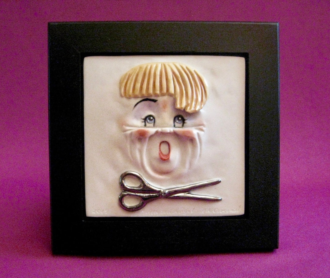 Porcelain Framed Art Tile, Hair Bangs, Barber Scissors, Hair Salon ...