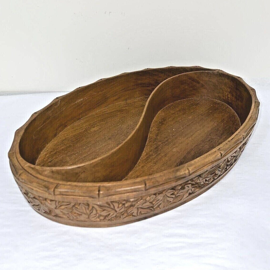 Vintage Mid Century Carved Wood Divided Dish, Retro Look Wooden Snack ...