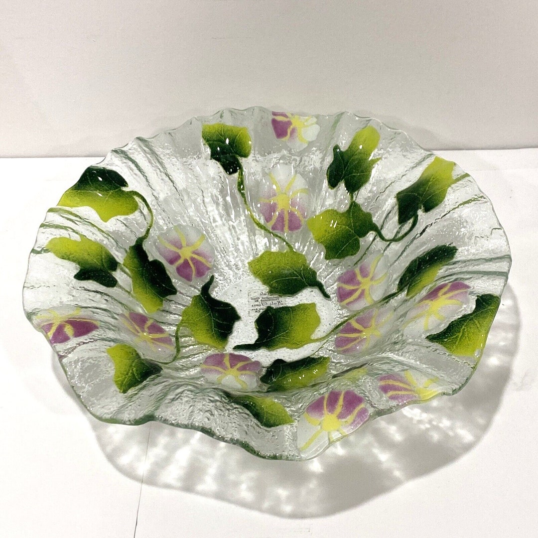 Kali Studio Art Glass Fused Pink & Green Floral Fruit Bowl With Ruffled ...