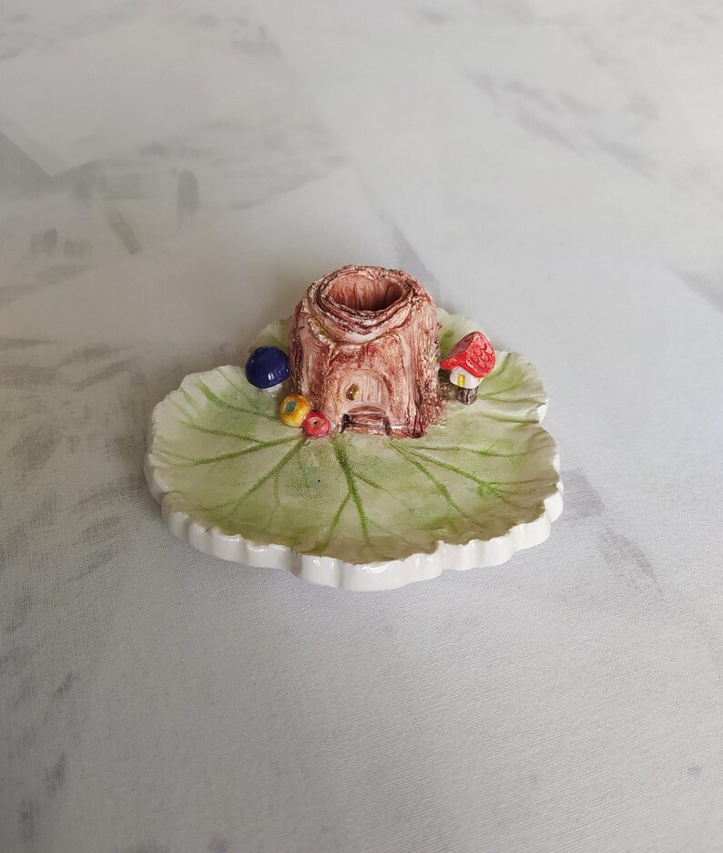 Ceramic Tree Trunk Vase Blue Mushroom And Mini Bird House On | Etsy