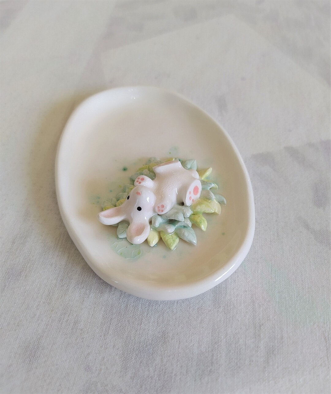Ceramic White Bunny in A Valley of Grass Dish Rabbit Jewelry Tray Happy ...