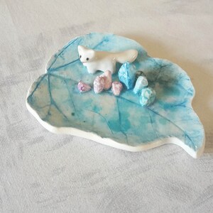 Ceramic White Fox Near Rock Crystals on Leaf Dish| Fox Jewelry Tray ...