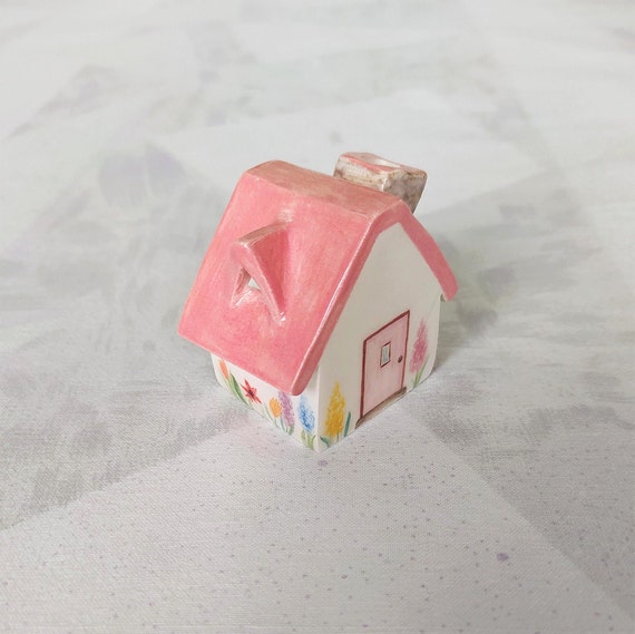 Ceramic Mini Dark Pink Roof House Miniature Spring House | Etsy