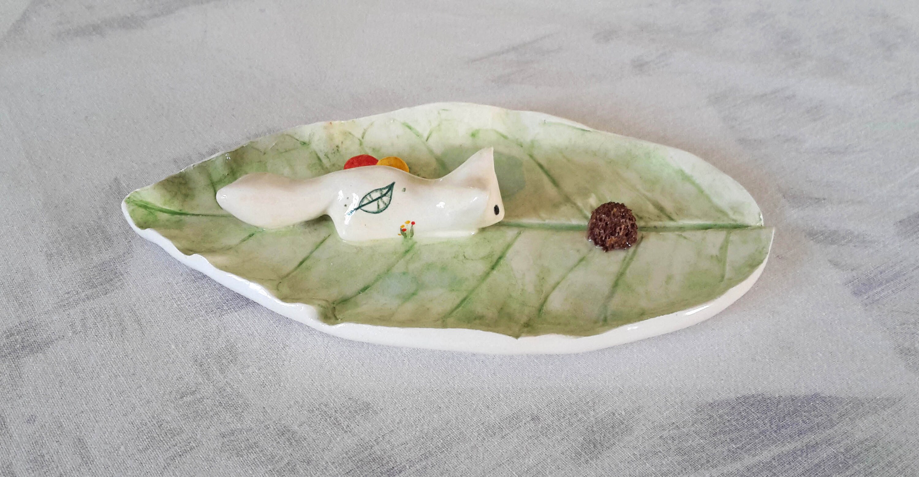 Ceramic White Fox and Hedgehog Leaf Dish Mushrooms and | Etsy