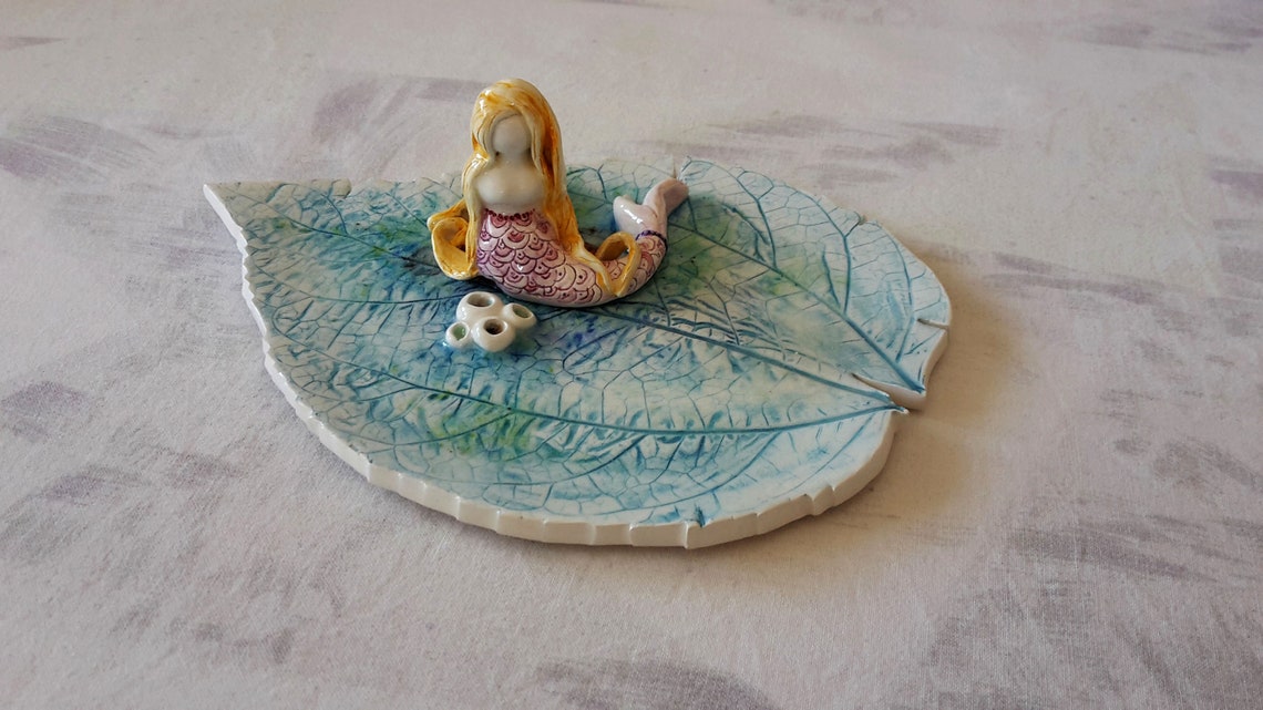 Ceramic Mermaid on Leaf Dish Mermaid Jewelry Tray Fantasy - Etsy