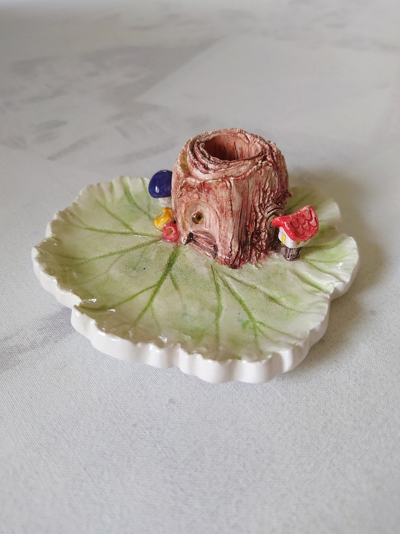 Ceramic Tree Trunk Vase Blue Mushroom And Mini Bird House On | Etsy