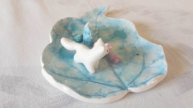 Ceramic White Fox Near Rock Crystals on Leaf Dish Fox Jewelry - Etsy