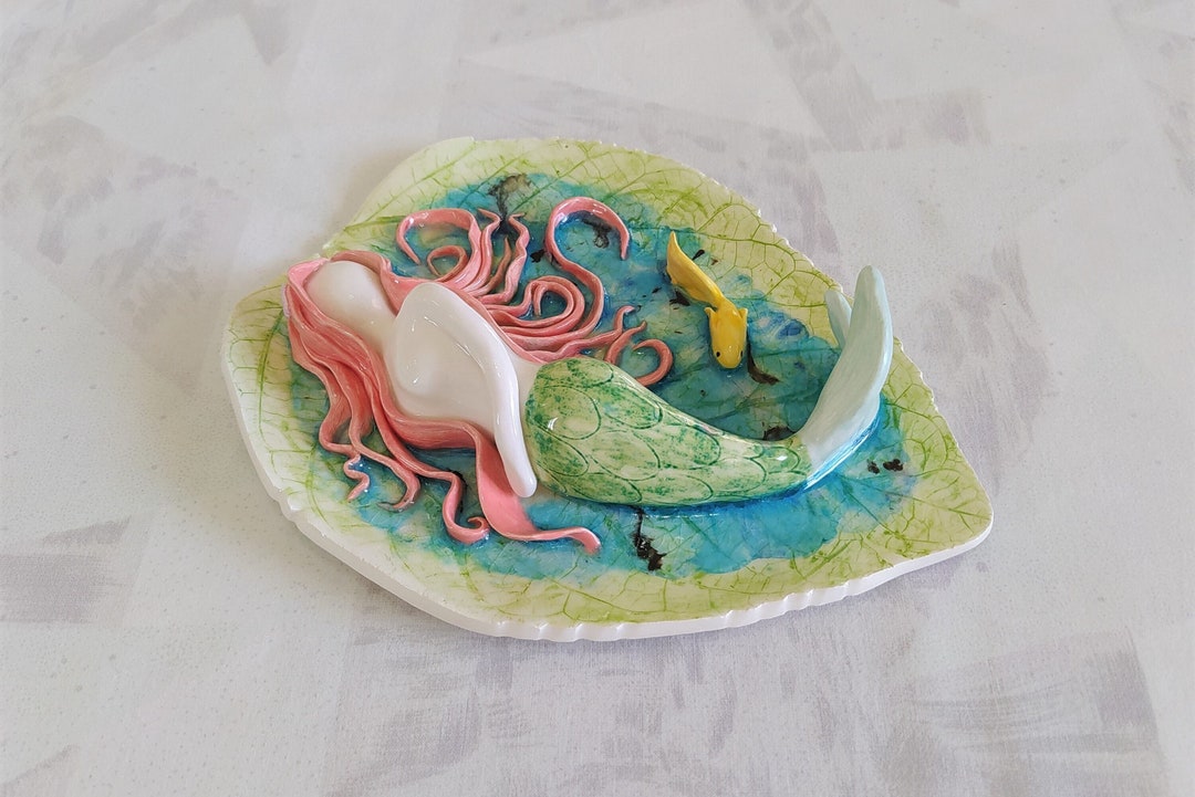Ceramic Mermaid on Leaf Dish| Mermaid and Fish in Sea Jewelry Tray ...