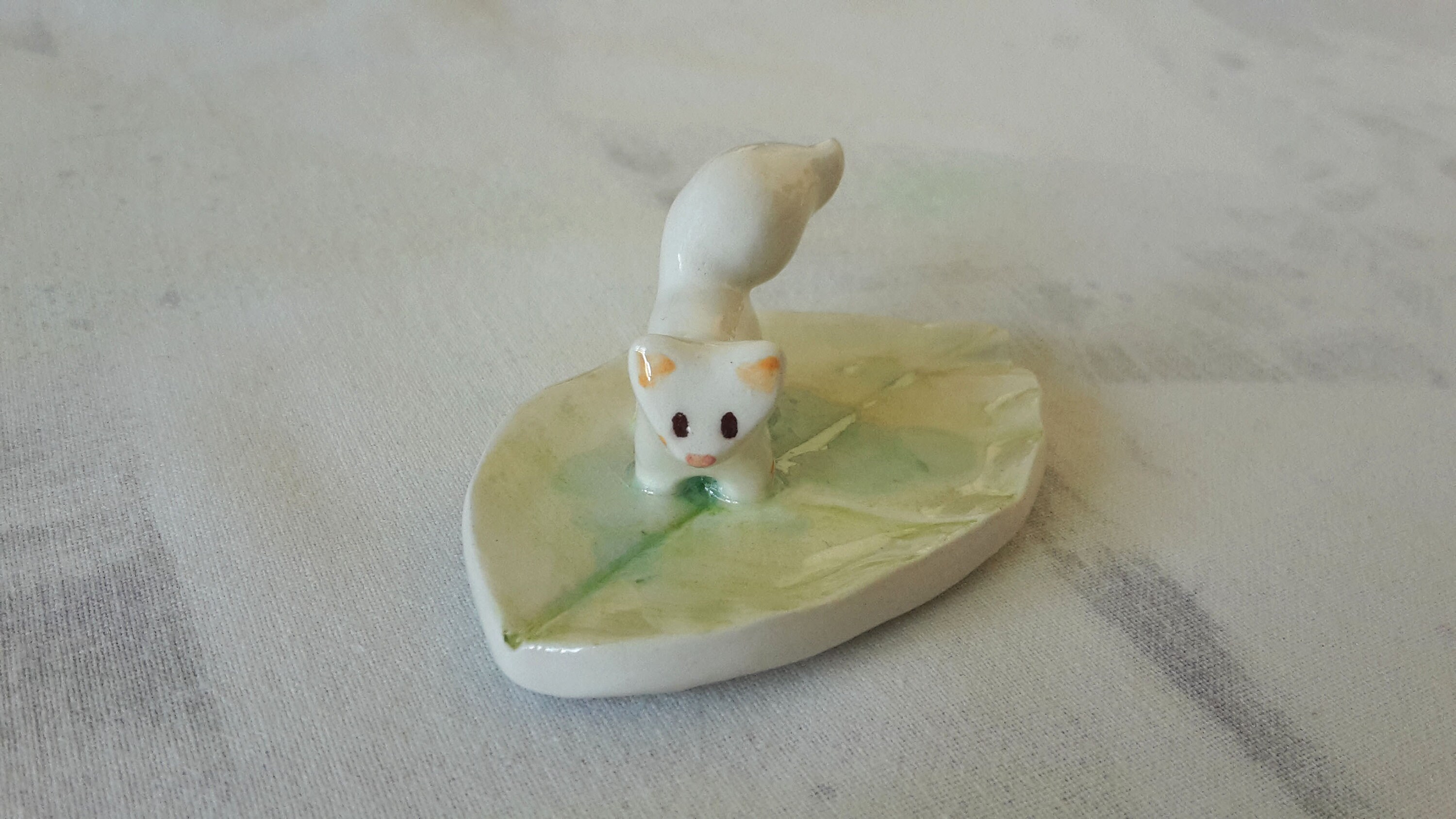 Ceramic Baby Animal On Leaf Dish White Cat Jewelry Tray | Etsy