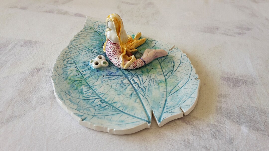 Ceramic Mermaid on Leaf Dish| Mermaid Jewelry Tray| Fantasy Trinket ...