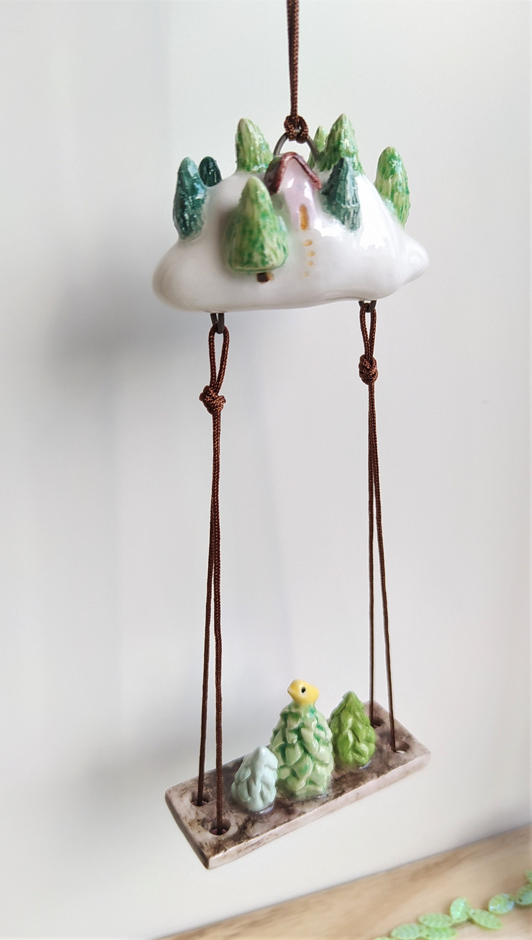 Ceramic Miniature Trees Bird House and Forest on Swing - Etsy