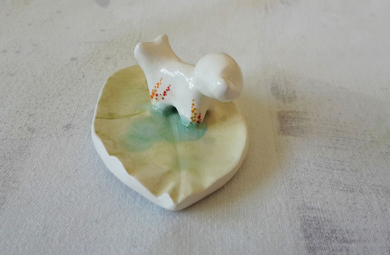 Ceramic Baby Animal On Leaf Dish White Cat Jewelry Tray | Etsy