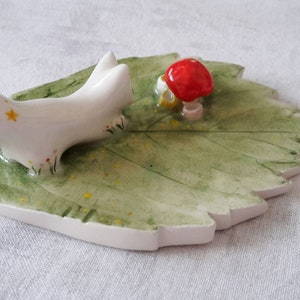 Ceramic Playful Fox on Leaf Dish White Fox and Mushroom Jewelry Tray ...
