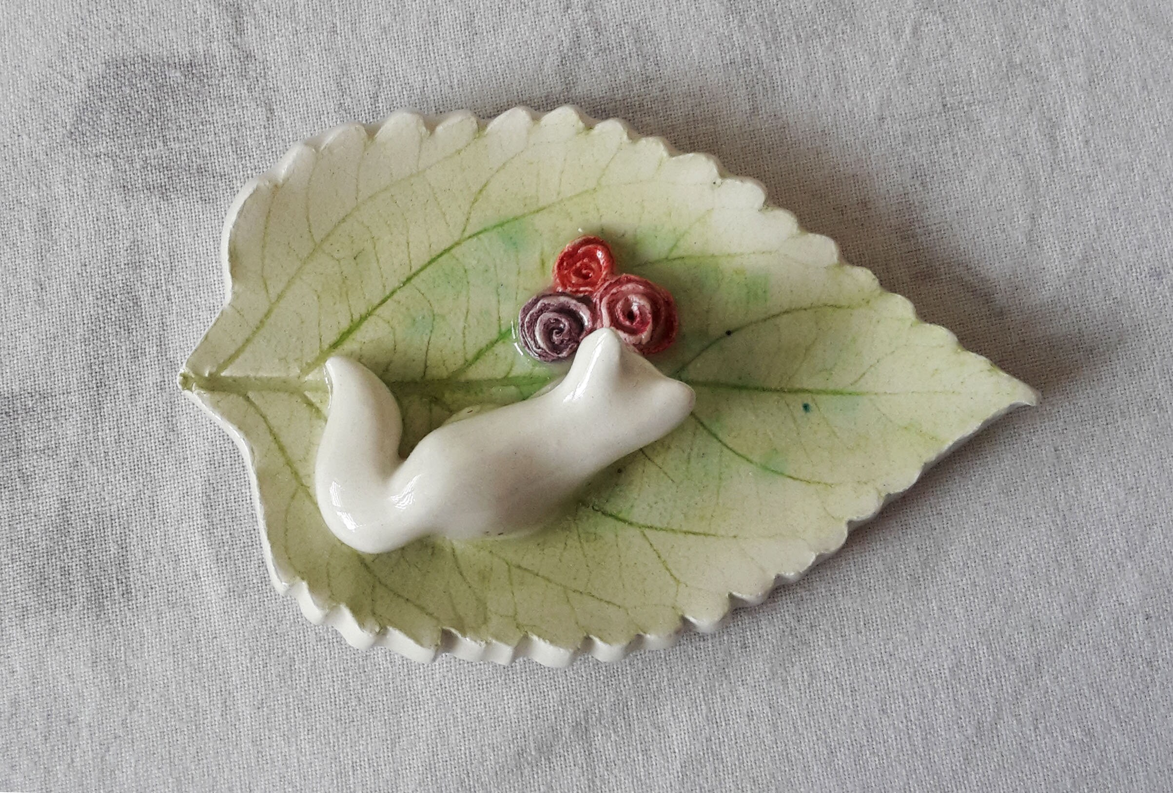 Ceramic White Fox on Leaf Dish Little Fox and Three Roses | Etsy