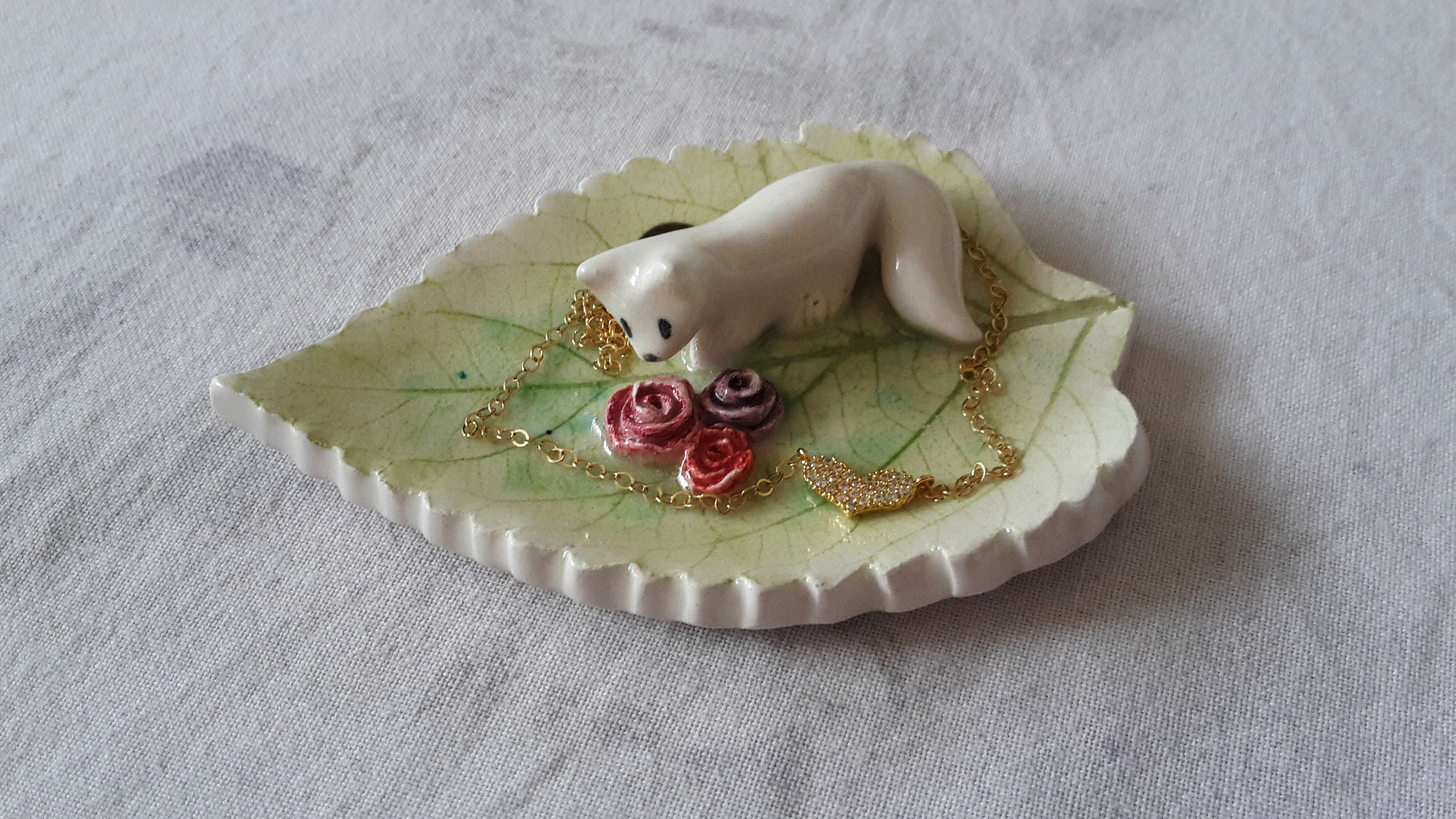 Ceramic White Fox on Leaf Dish Little Fox and Three Roses | Etsy
