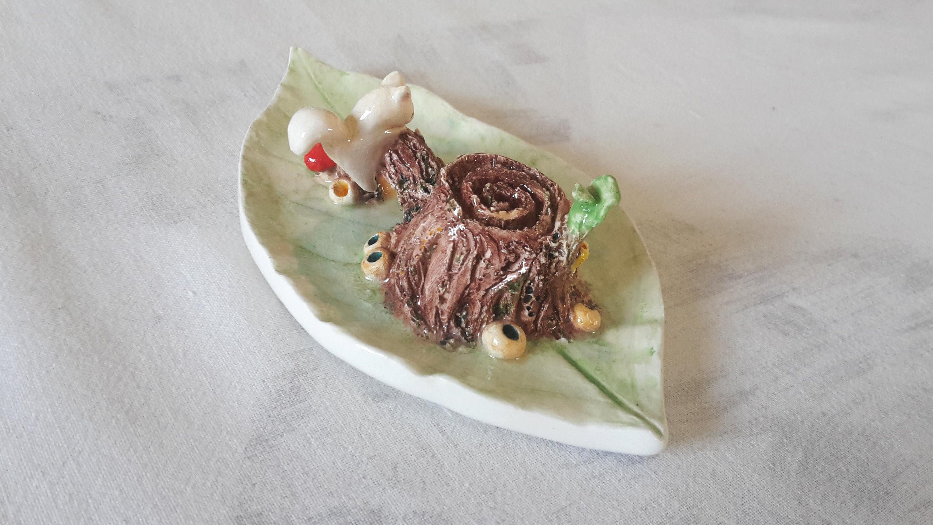 Ceramic Mini Squirrel on Tree Trunk Leaf Dish Mushrooms - Etsy