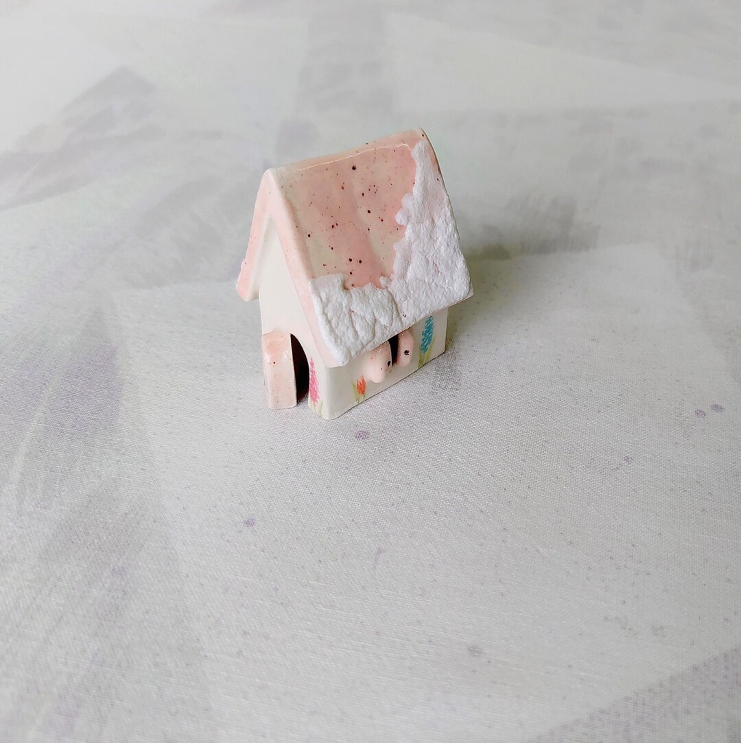 Ceramic Pink Roof Mini House| Miniature Spring House| House With Snow ...