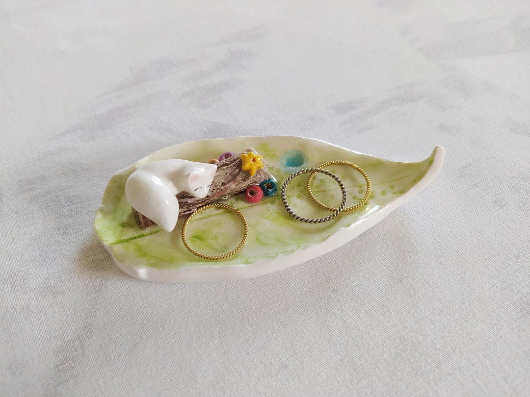 Ceramic White Fox Relaxing on A Tree Trunk Leaf Dish| Fungus and Flower ...