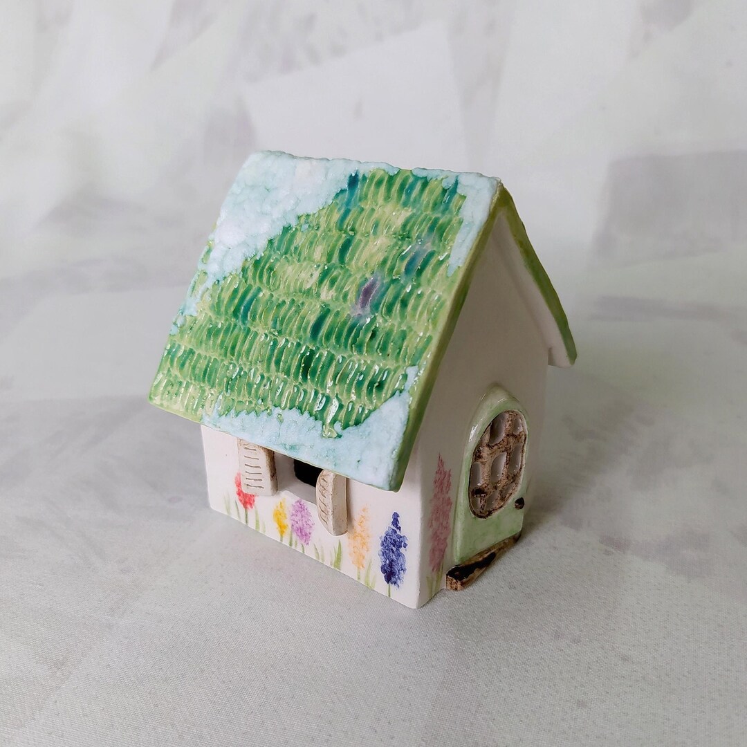 Ceramic House With Green Roof| Spring House With Snow| House Lantern ...