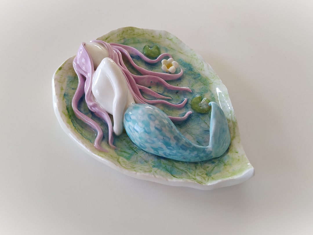 Ceramic Mermaid on Leaf Dish| Mermaid Next to Water Lily Jewelry Tray ...