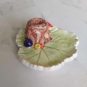 Ceramic Tree Trunk Vase, Blue Mushroom and Mini Bird House on Leaf Dish ...