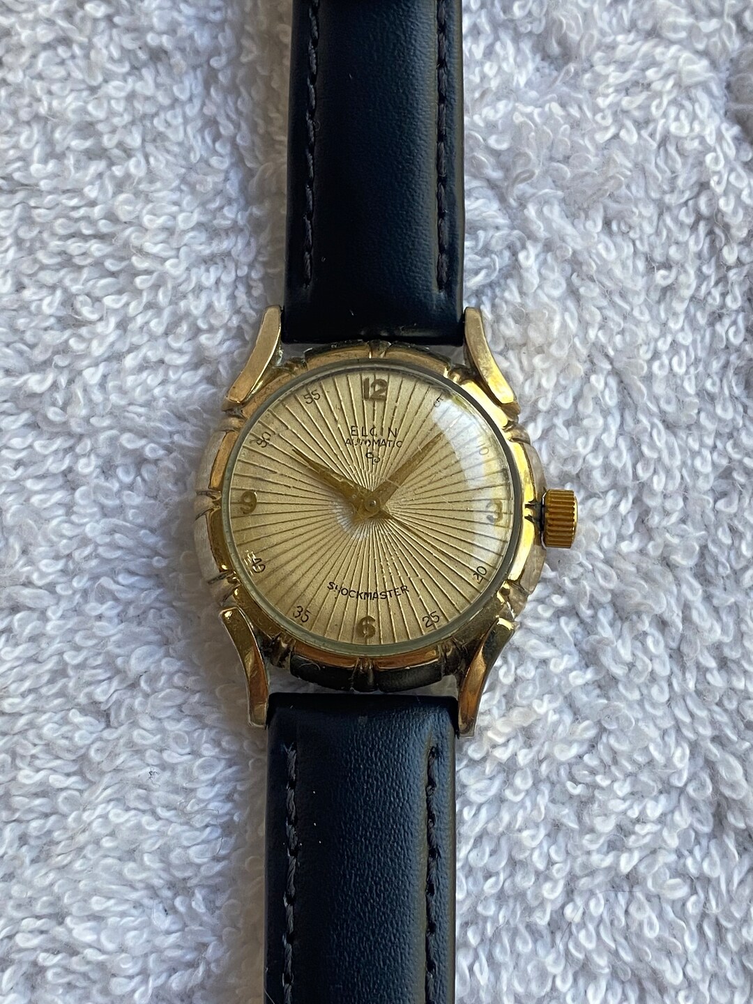Vintage 1950's Elgin Shockmaster Automatic Textured Case Sunburst Dial ...