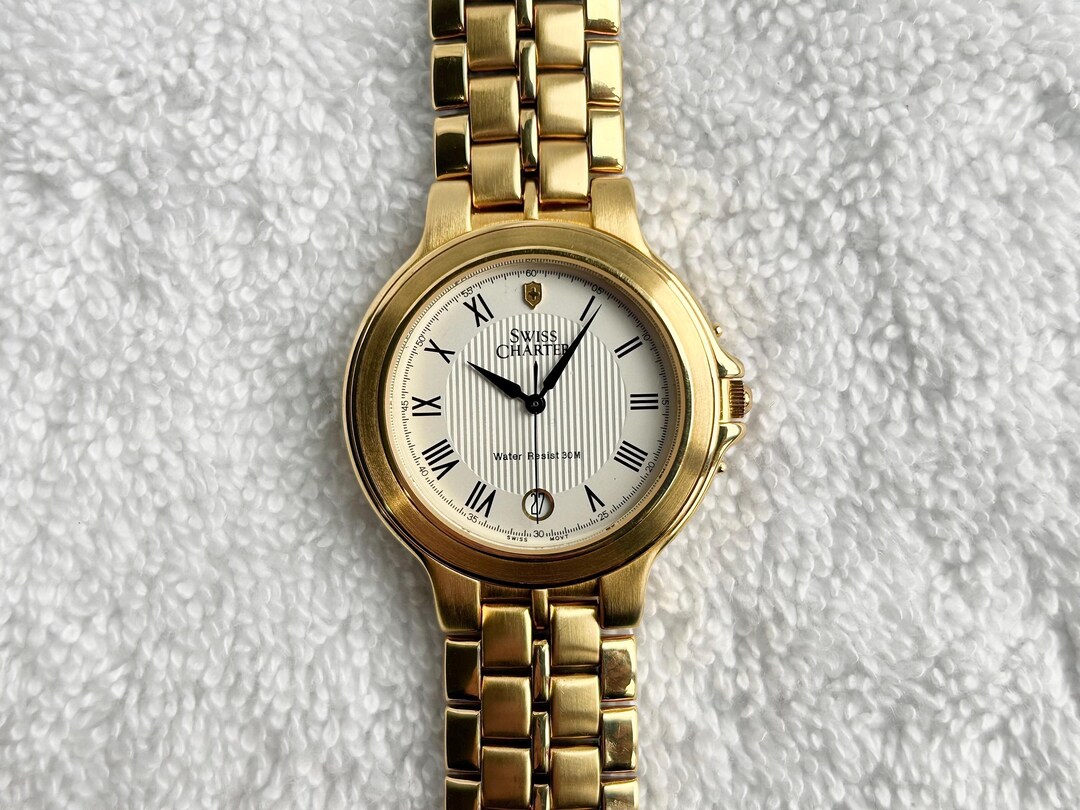 Vintage Swiss Charter Quick Set Date Gold Plated Stainless Steel Quartz ...