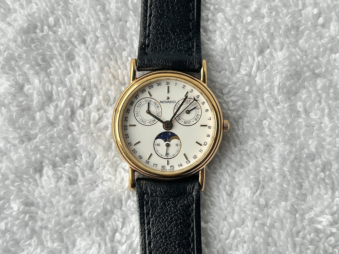 Vintage Movado Triple Date Moonphase Steel Gold Plated Quartz LADIES ...