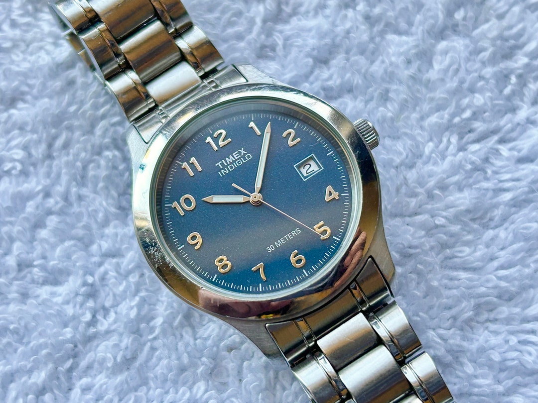 Timex Indiglo Blue Quick Set Date Luminescent Stainless Steel Quartz ...