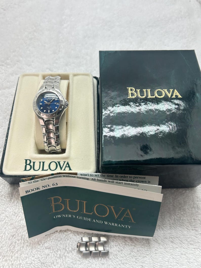 Vintage Bulova Blue Marine Star Quartz Ladies Watch With Box & Warranty ...
