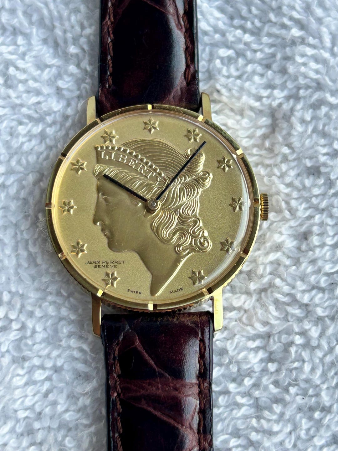 Vintage Jean Perret Geneve, Liberty Coin Gold Plated, Quartz Wind up ...