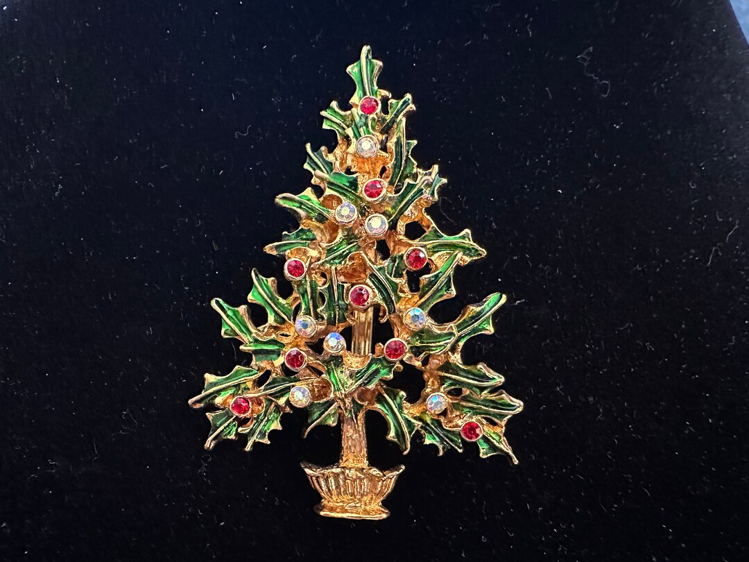 Tancer II Clear and Red Rhinestone With Green Enamel Mistletoe and Gold ...