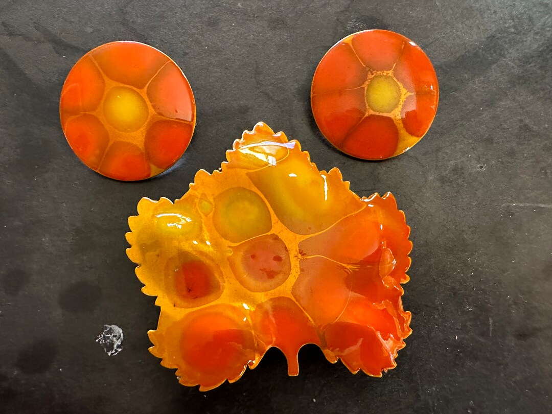 W Germany Orange and Yellow Enamel Leaf and Earrings Set 2162 - Etsy