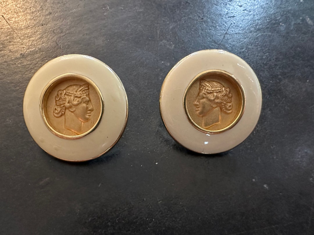 Monet Gold Toned Roman Coin Pierced Earrings With Cream Enamel 2241 - Etsy