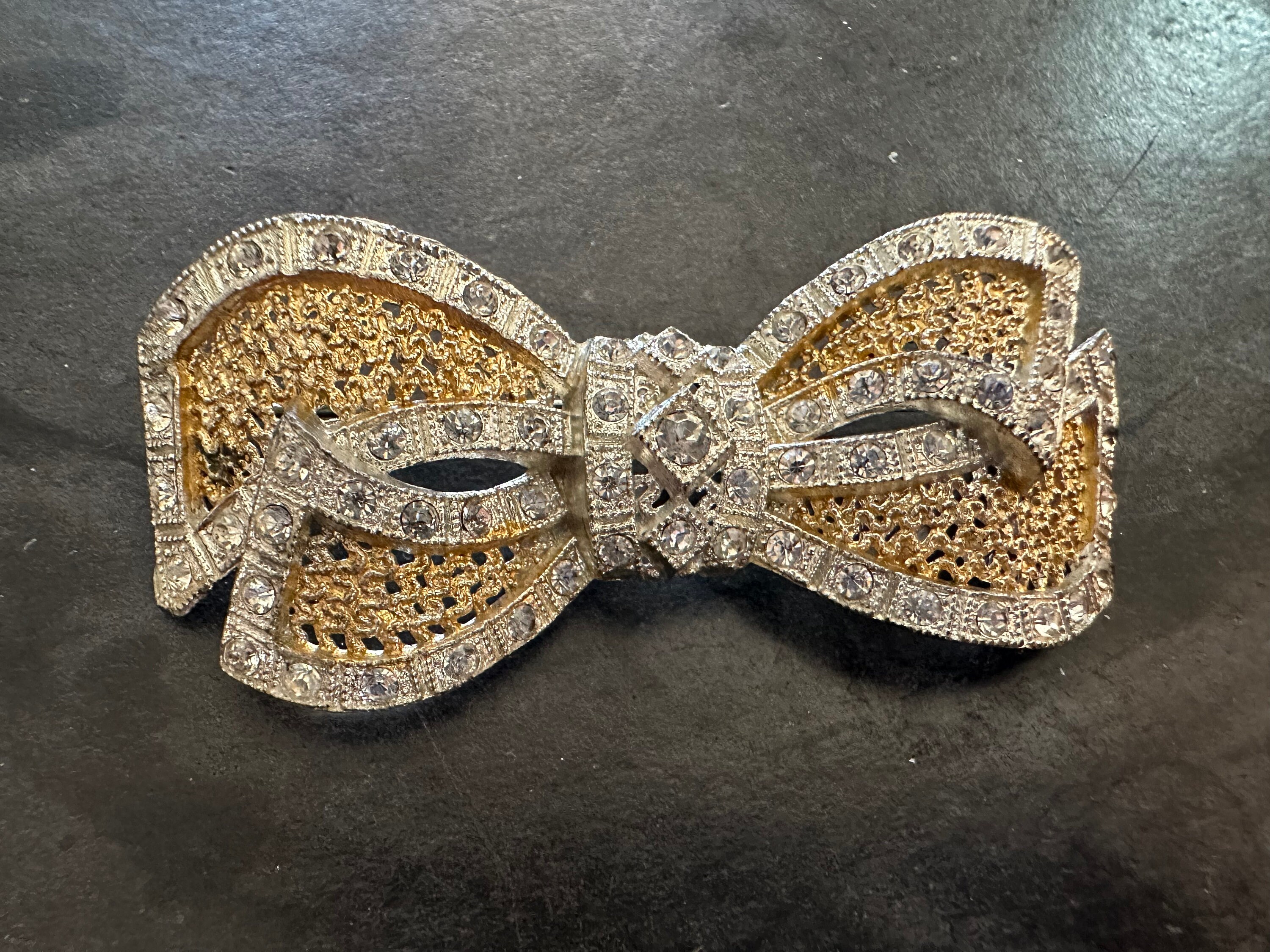 Art Deco Silver and Gold With Clear Rhinestone Silver Bow Brooch 2067 ...
