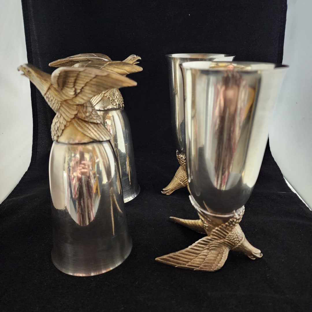 PRICE DROP Vintage Gold Tone Eagle Stirrup Four Cup Silver Plate Goblet ...