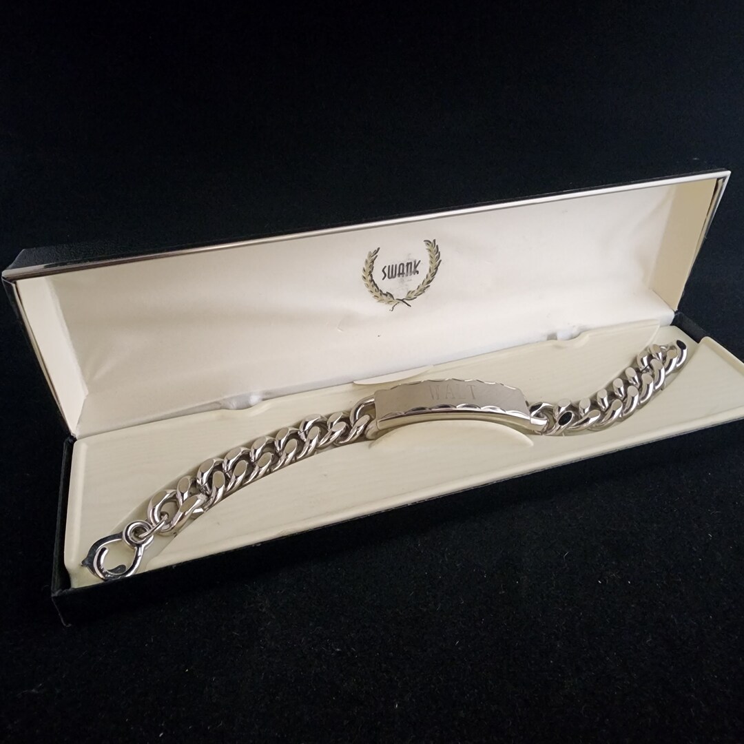 Vintage Swank Silver Tone Walt Engraved Chain Bracelet in Original Box ...