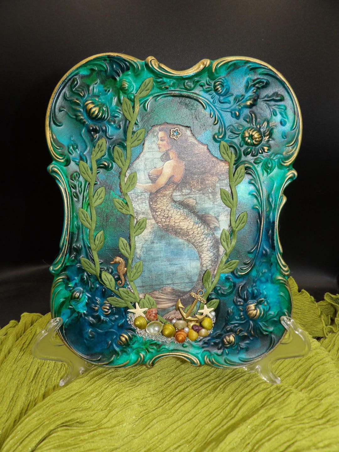Vintage Porcelain Bisque Plate Decoupage Mermaid Mixed Media Underwater ...
