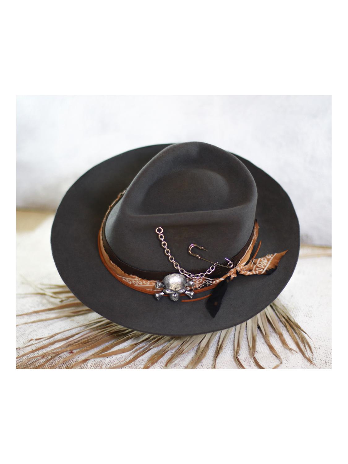 Vagabond - Dark Grey Wool Felt Fedora: Distressed Crossbone Hat ...