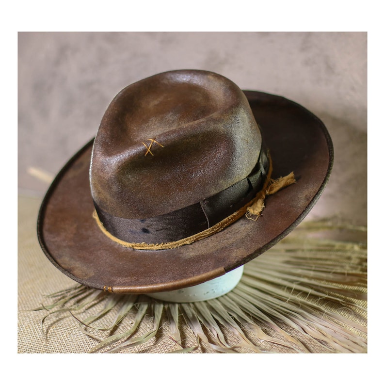 VESPERA - Handmade Brown Waxed Oil Dipped Distressed Wool Felt Fedora ...
