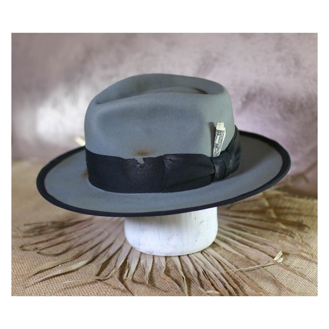 Gotcha - Distressed Wool Felt Fedora Hat: Black Herringbone Ribbon ...
