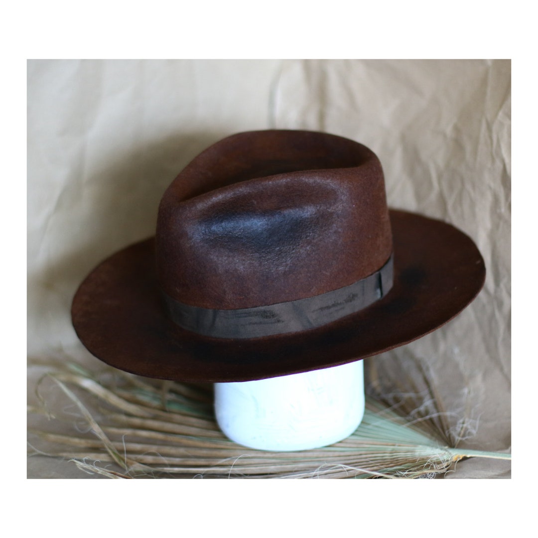 BALSAM - Handmade Brown Wool or Fur Felt Fedora: Distressed Vintage ...