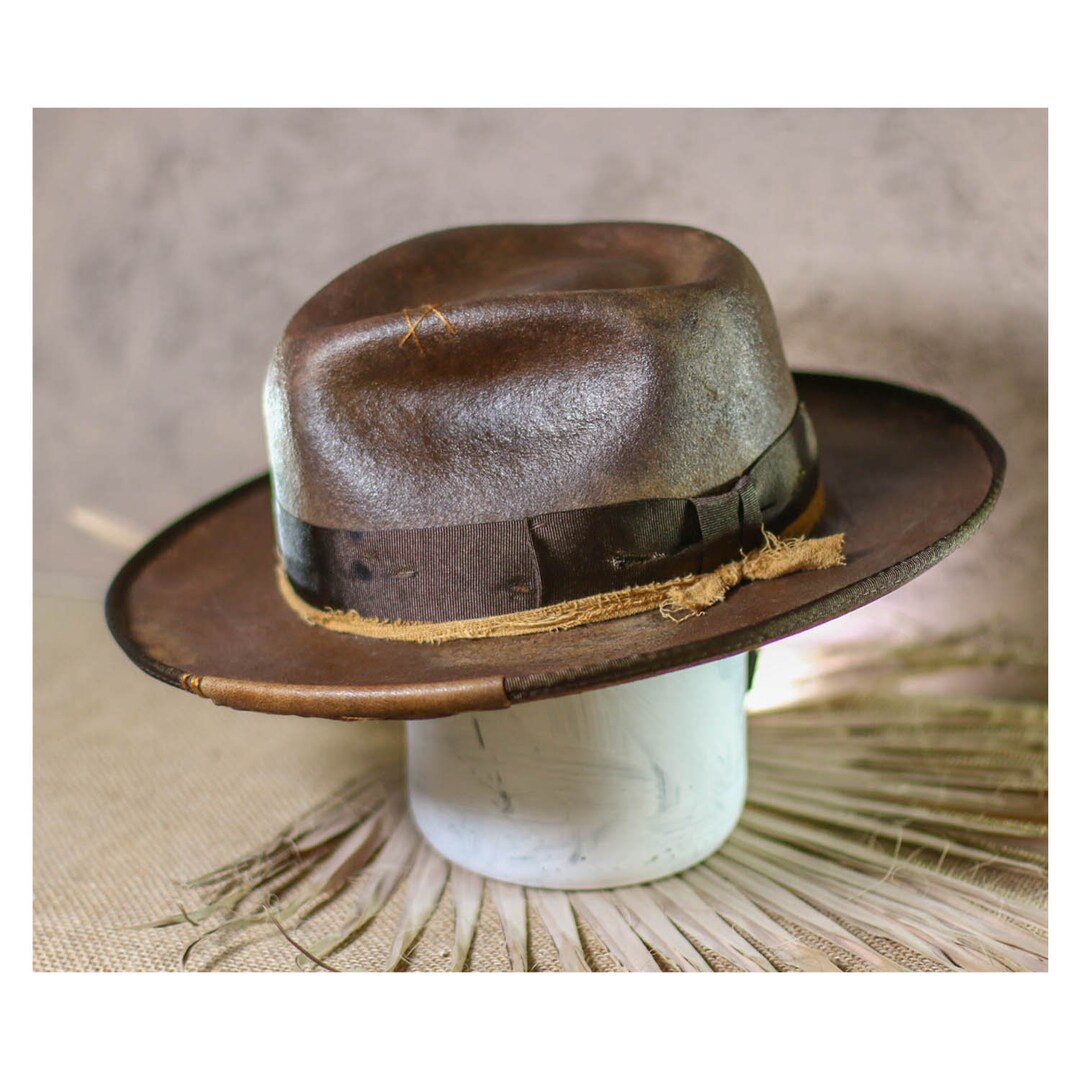 VESPERA - Handmade Brown Waxed Oil Dipped Distressed Wool Felt Fedora ...