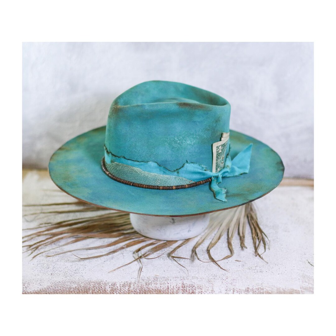 Turquoise Distressed Fedora: Wool Felt Hat Distressed Patina ISORA - Etsy