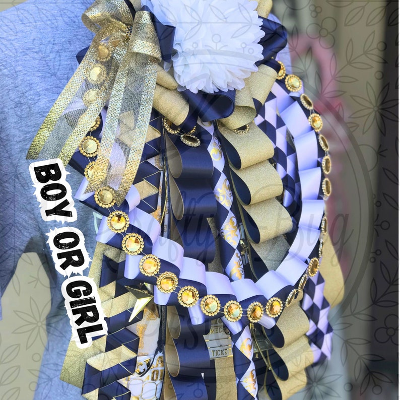 20" Navy & Gold Homecoming Mum: Pre-made Garter Mum. Personalization ...
