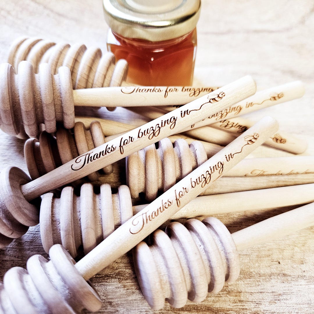 12 Party Favors, Engraved 5" Wooden Honey Dipper, Thanks for Buzzing In ...